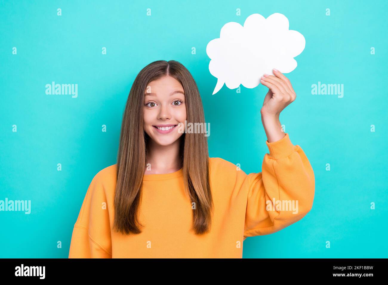 Photo of intelligent cute funny smiling girl wear orange sweatshirt ...