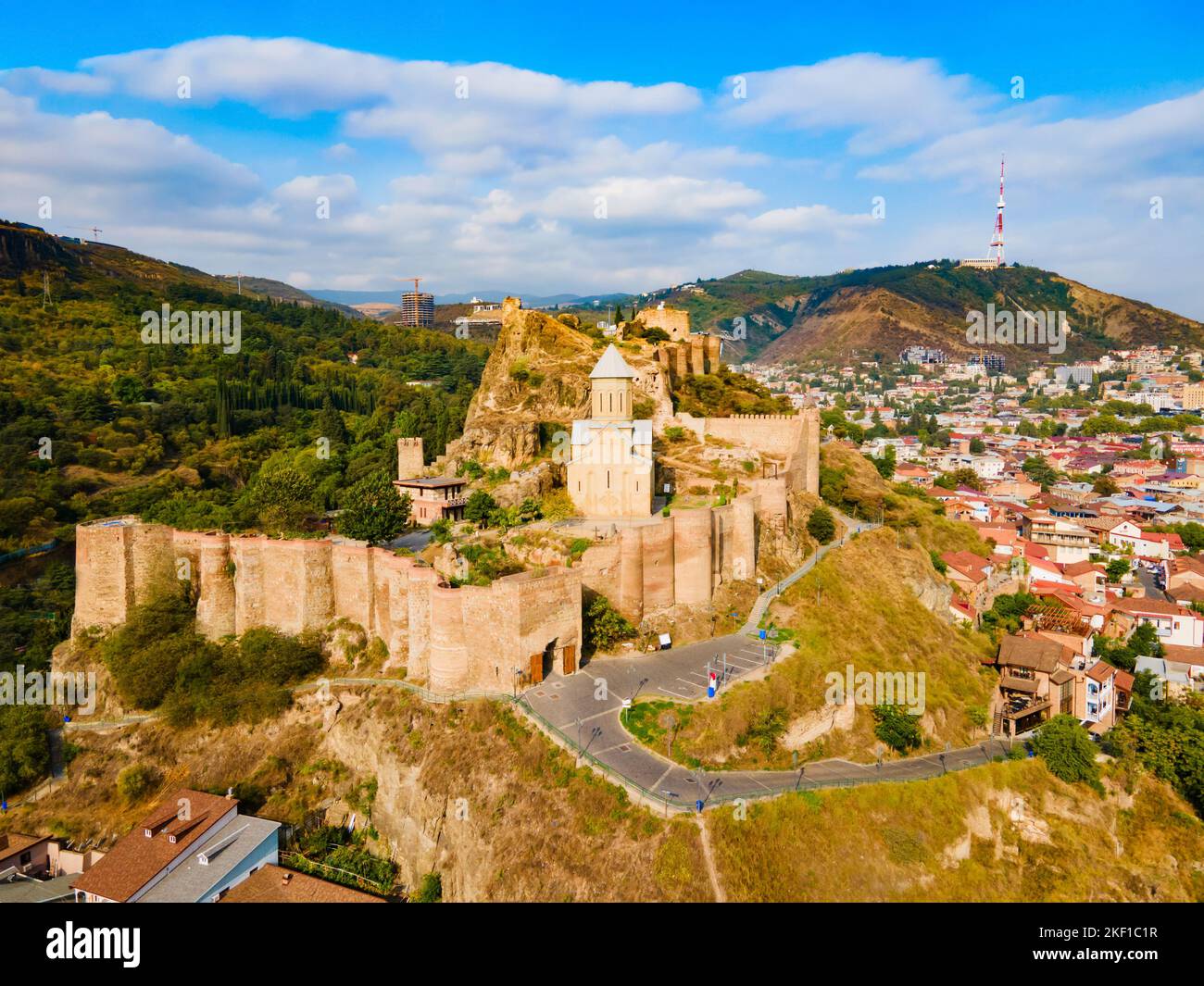 Narikala fortress aerial panoramic view in Tbilisi old town. Tbilisi is ...