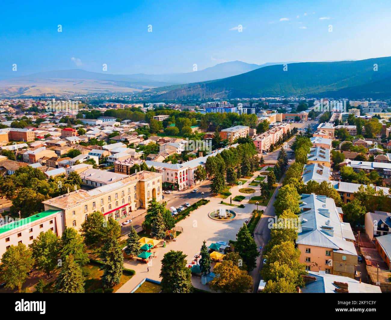 Stalin Avenue aerial panoramic view in Gori, Georgia. Gori is a city in ...