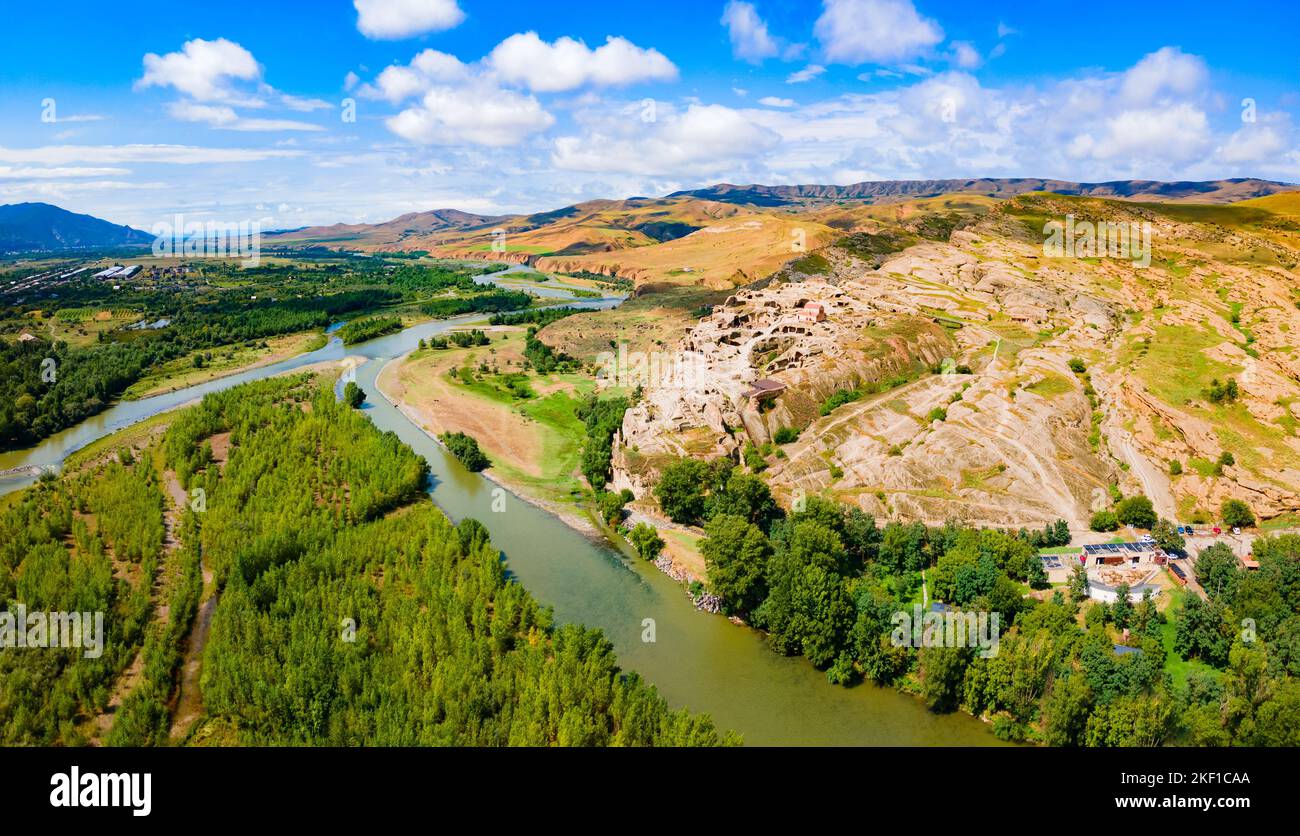 Uplistsikhe aerial panoramic view. Uplistsikhe is an ancient rock hewn ...
