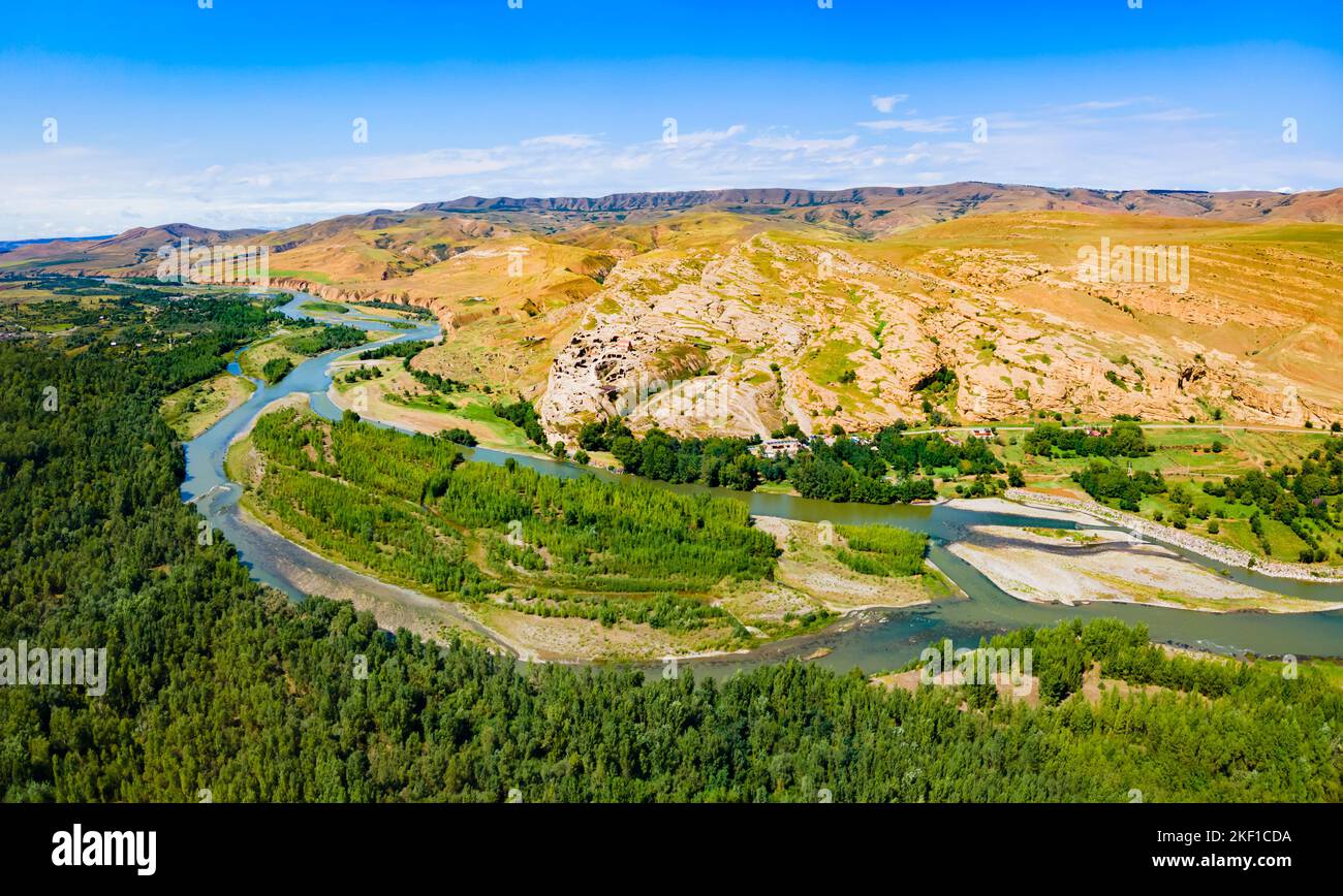 Uplistsikhe aerial panoramic view. Uplistsikhe is an ancient rock hewn ...