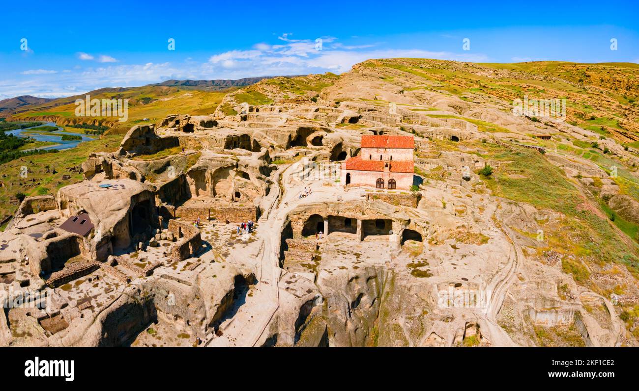 Uplistsikhe aerial panoramic view. Uplistsikhe is an ancient rock hewn ...