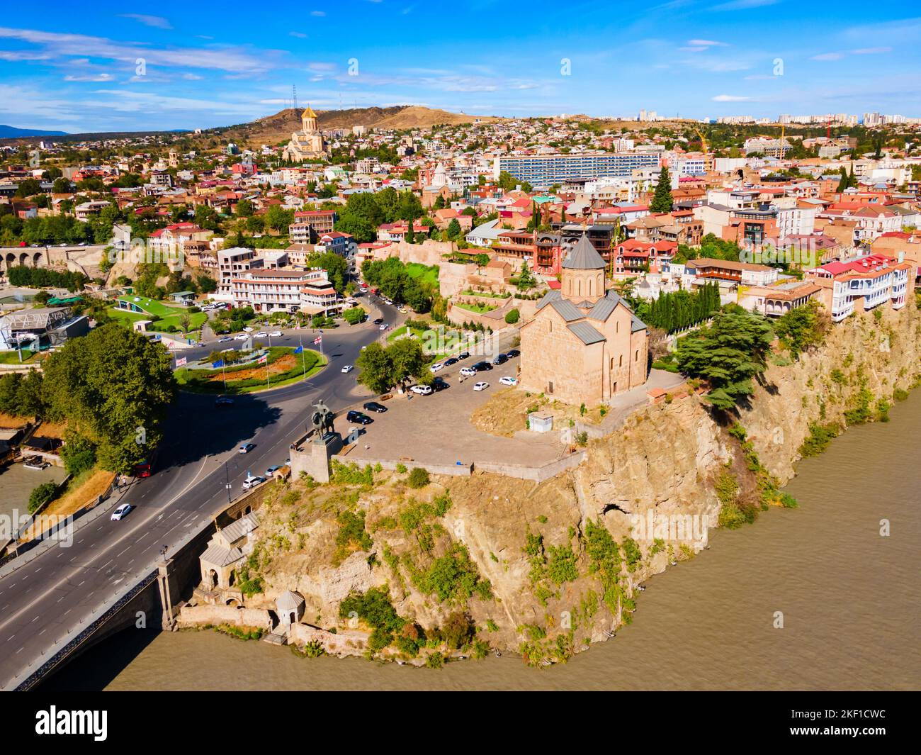 Metekhi Church aerial panoramic view in Tbilisi old town. Tbilisi is ...