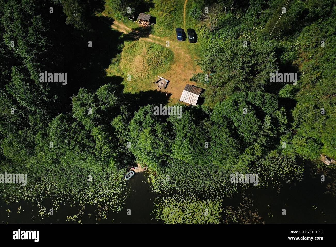 Top view of the tourist base and Bolta lake in the forest in the ...