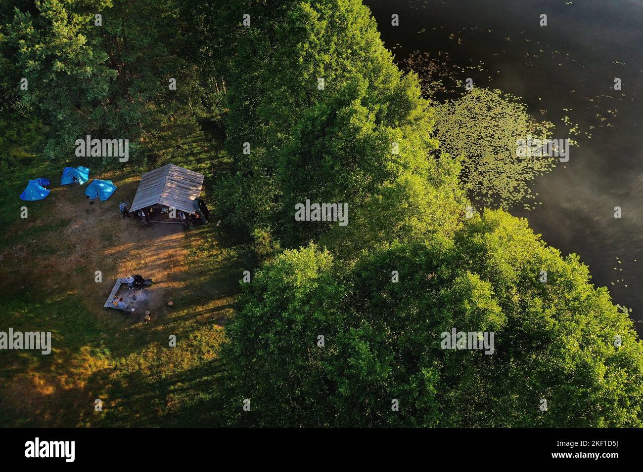 Top view of the tourist base and Bolta lake in the forest in the ...