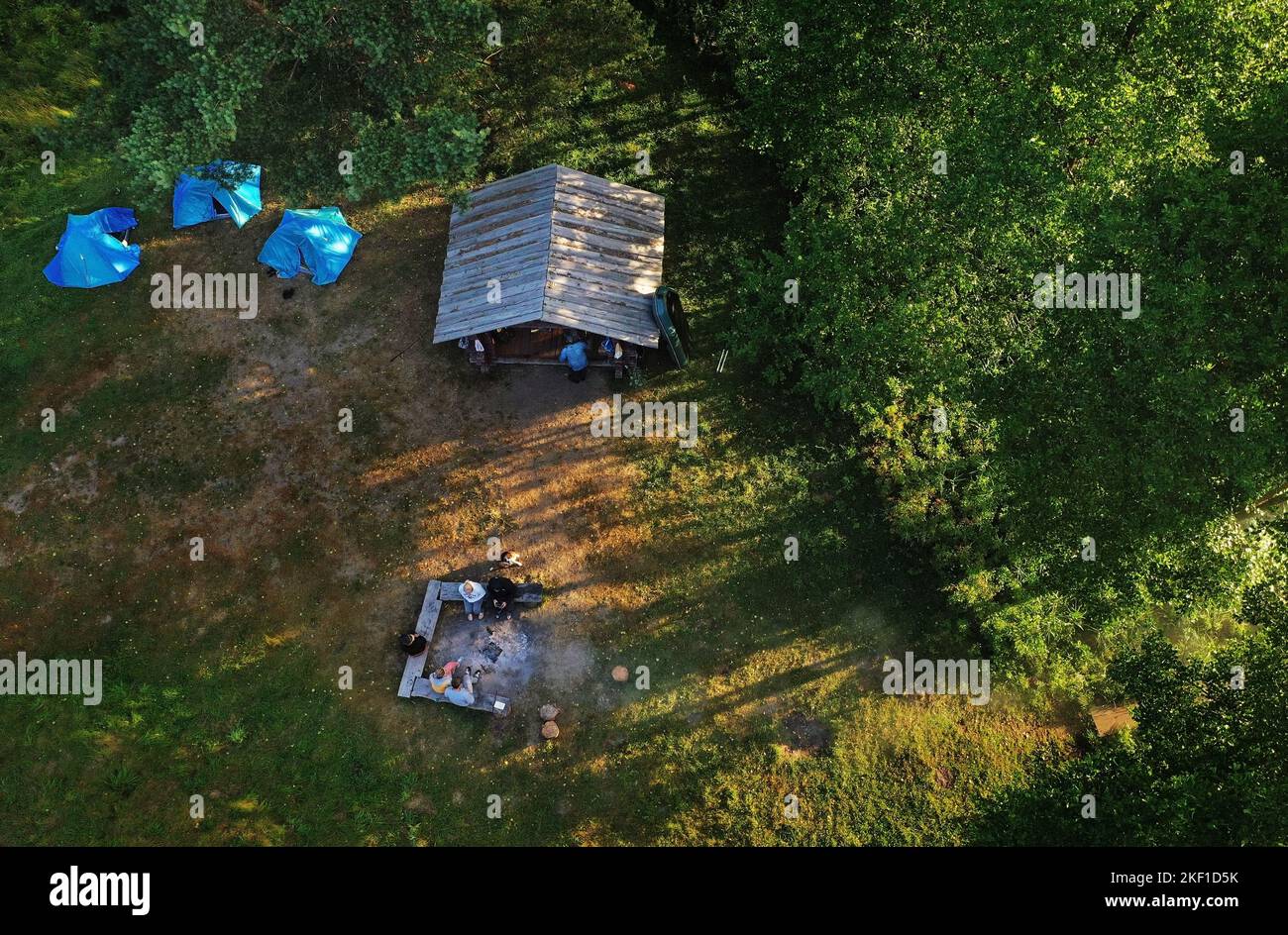 Top view of the tourist base and Bolta lake in the forest in the ...