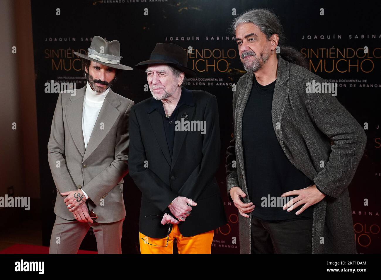 (L to R) Leiva, Joaquin Sabina and Fernando Leon De Aranoa attend the film photocall of ...