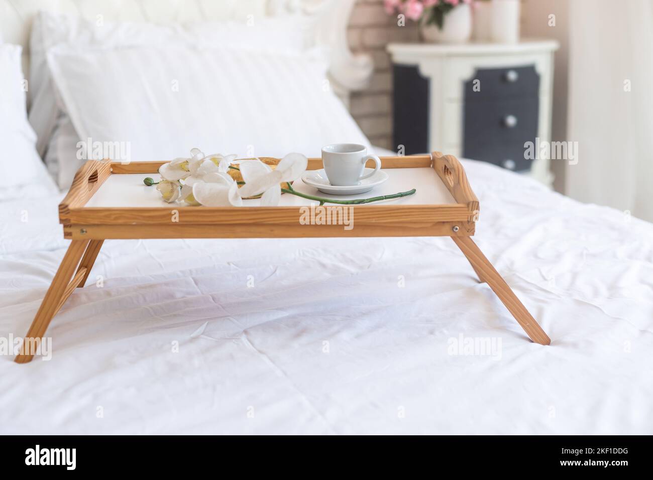 breakfast, a tray with breakfast on the bed Stock Photo - Alamy