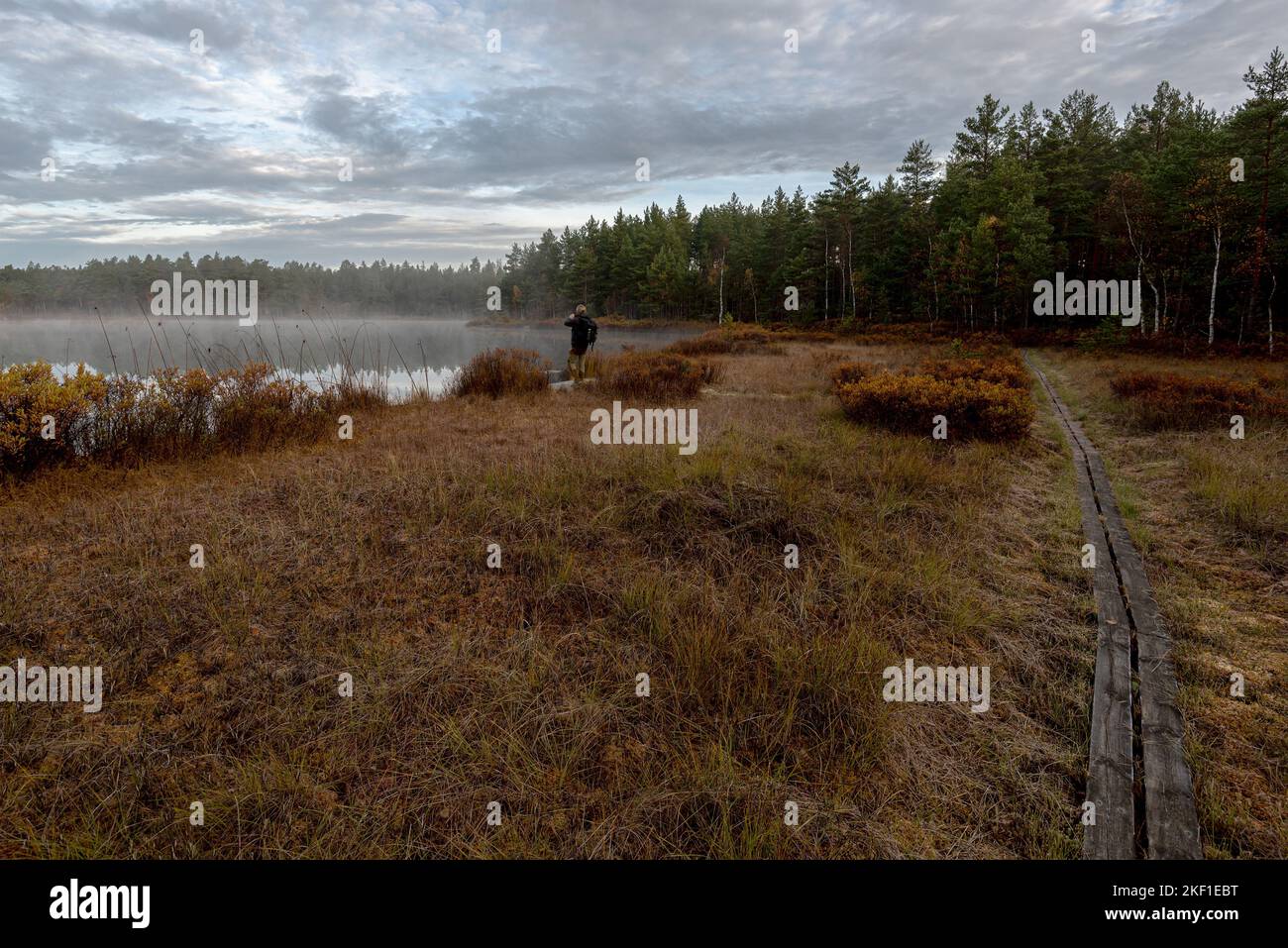 Fisherman standing by the shore of a lake taking a cast an early cold ...