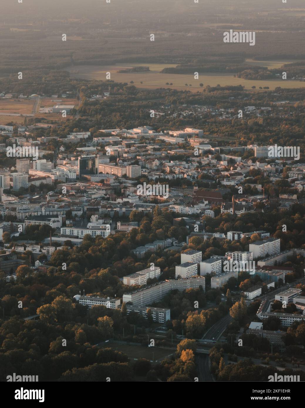 An aerial vertical shot of the city of Cottbus seen during sunset Stock ...