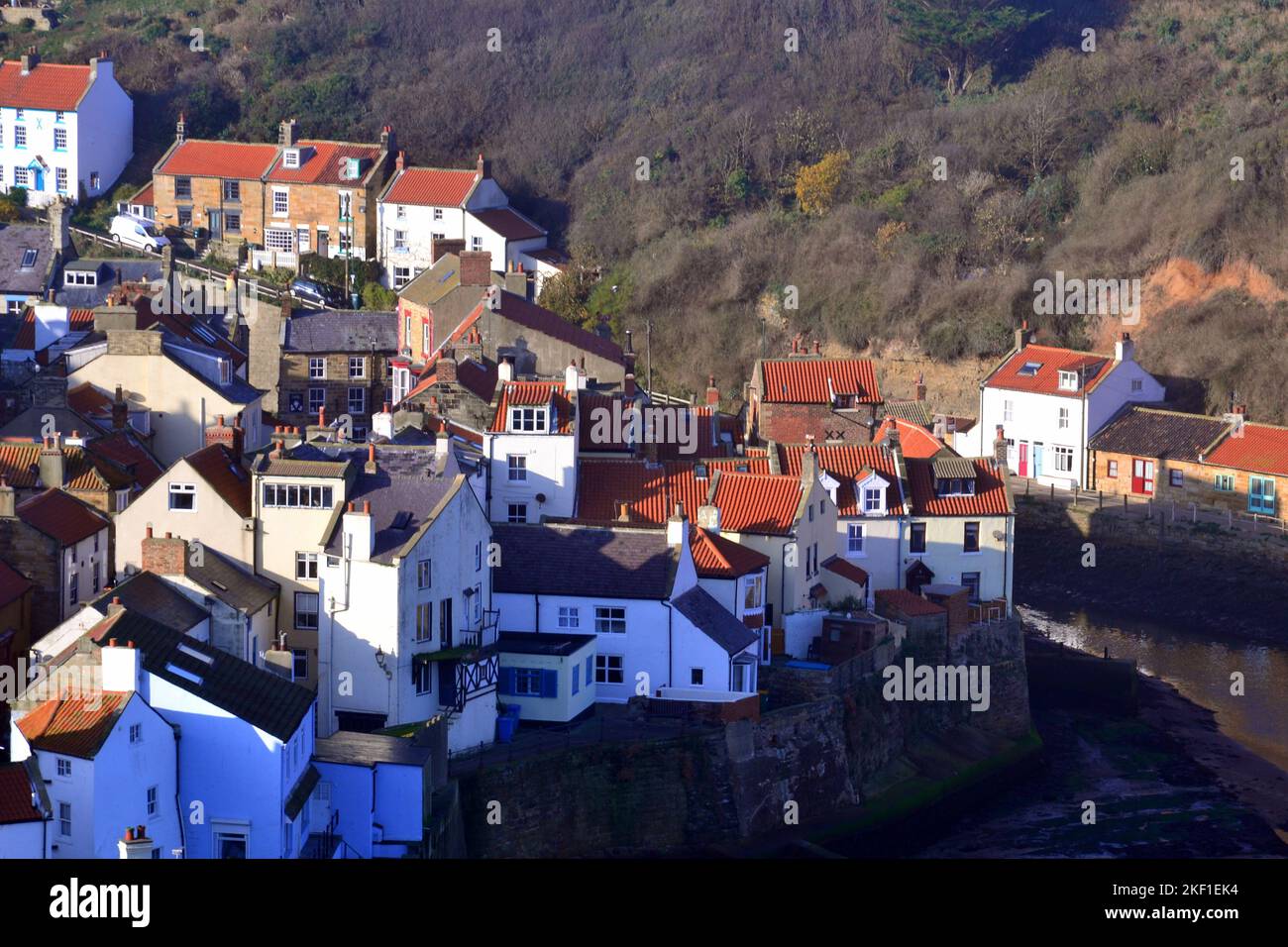 Overhead view of the crowded cottages in the historic fishing village ...
