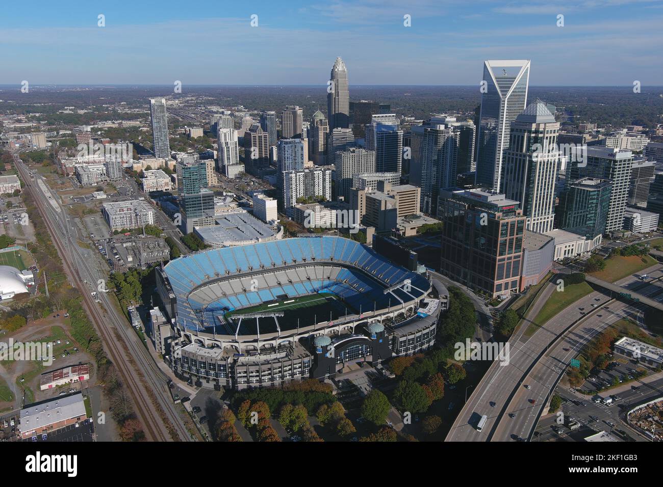 A general overall aerial view of Bank of America Stadium and downtown ...