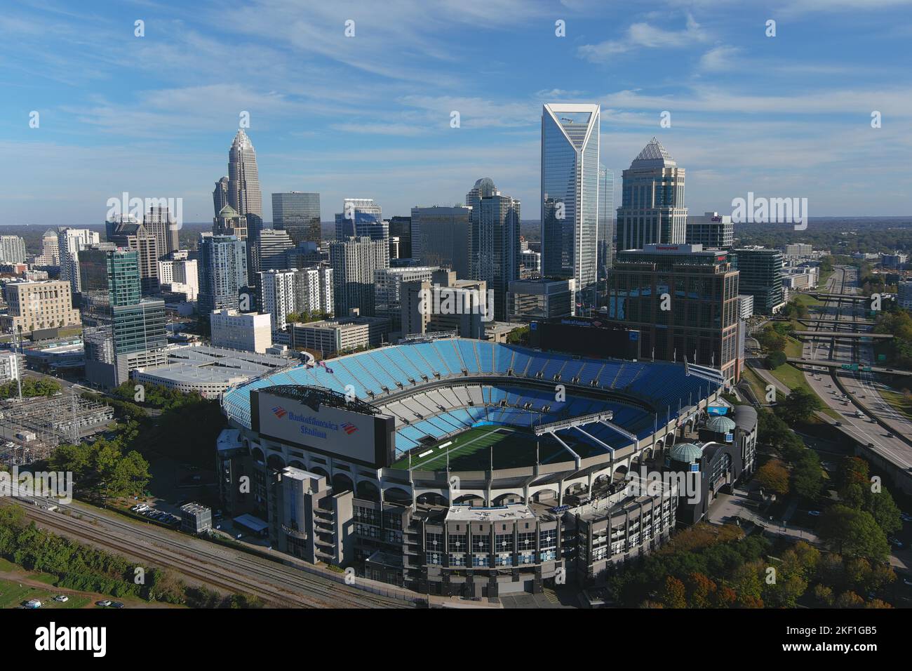 A general overall aerial view of Bank of America Stadium and downtown ...