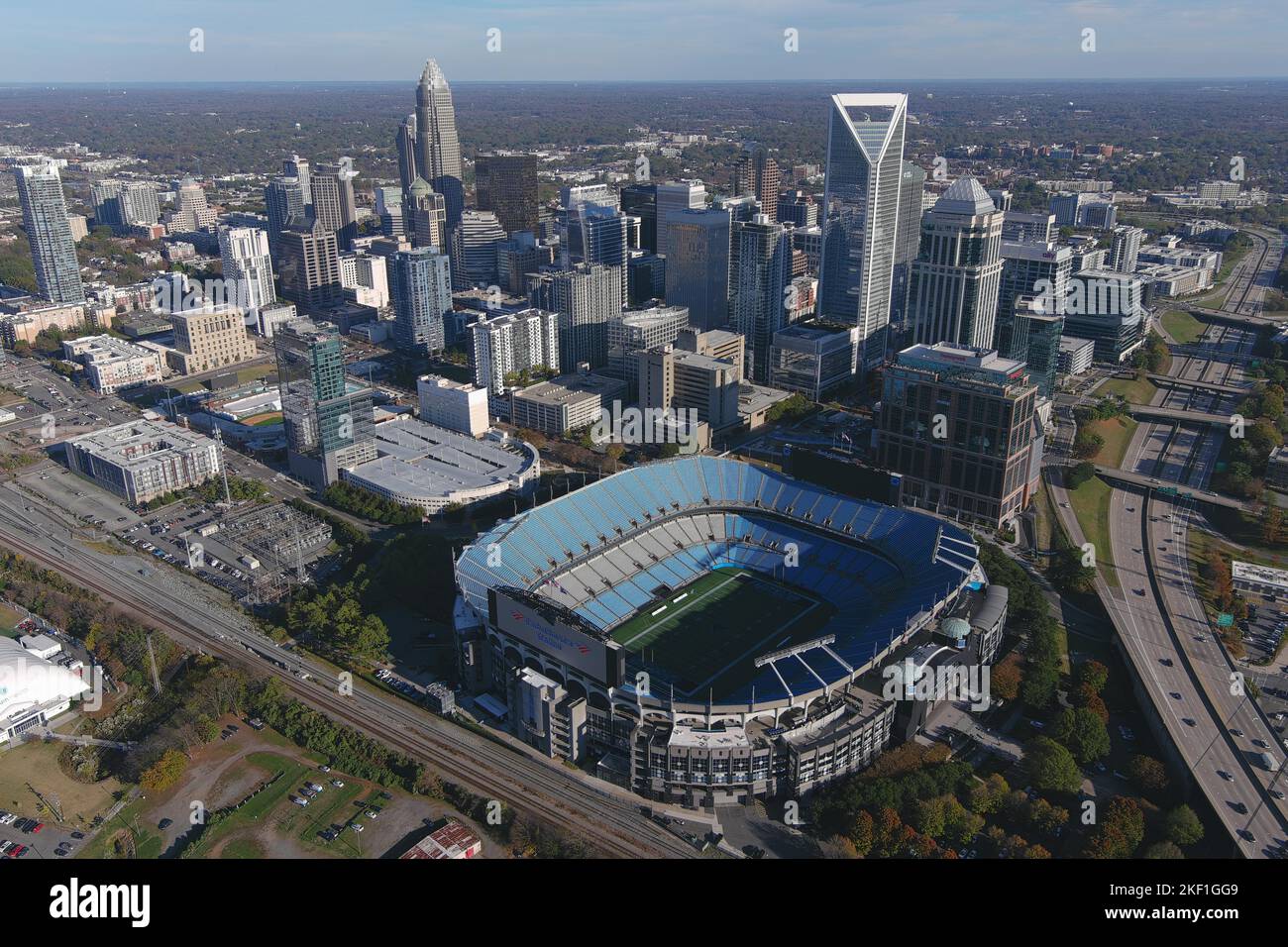 A general overall aerial view of Bank of America Stadium and downtown ...