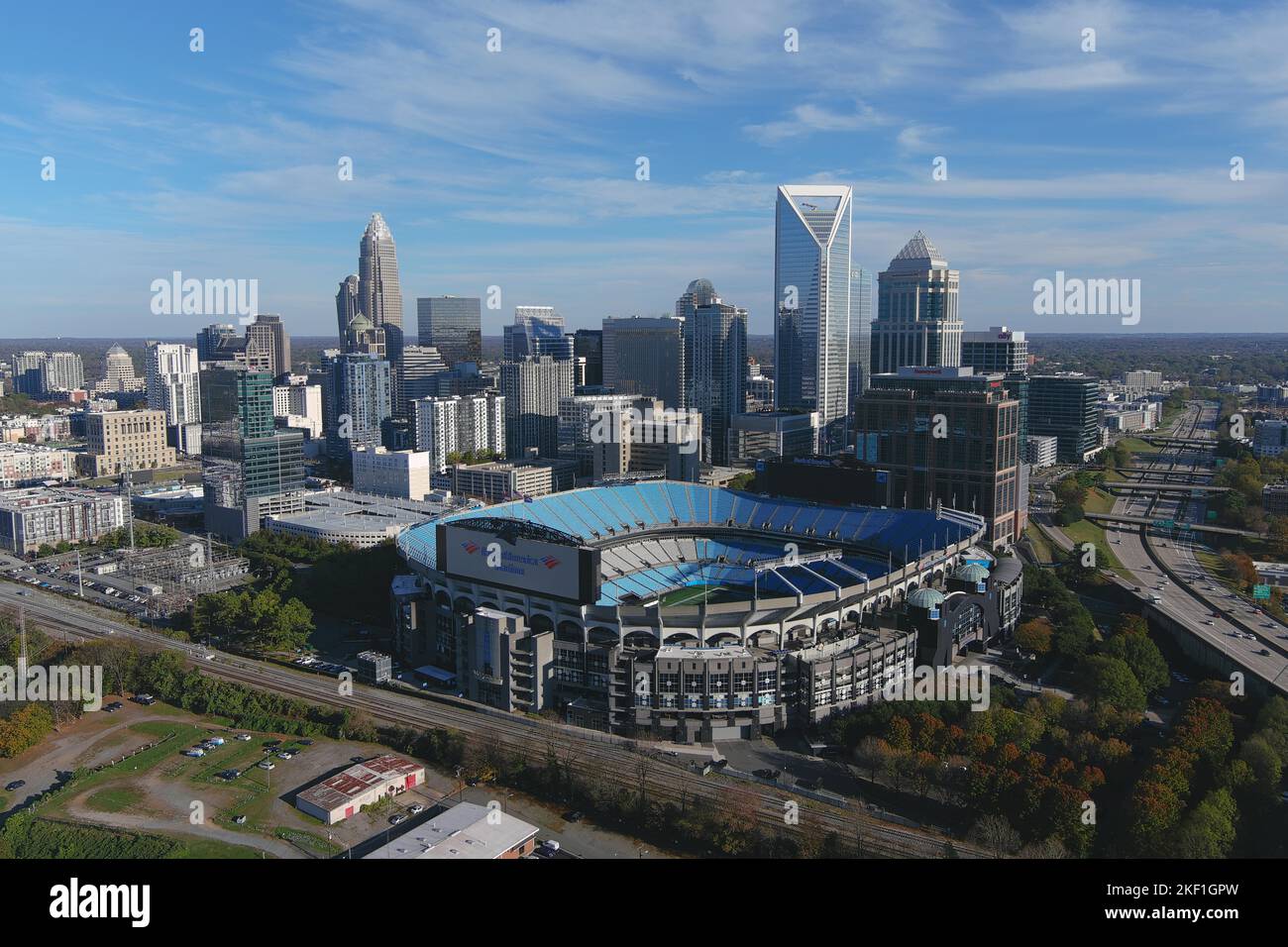 A general overall aerial view of Bank of America Stadium and downtown ...