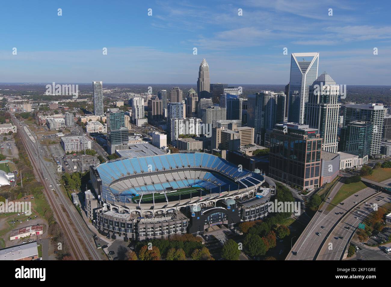 A general overall aerial view of Bank of America Stadium and downtown ...