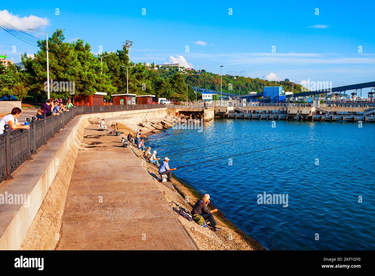 Tuapse, Russia - October 03, 2020: Fishermen fishing at the embankment ...