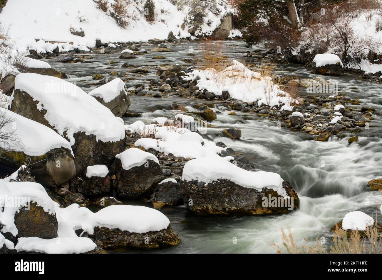 Gardner River with fresh snow, Yellowstone National Park, Wyoming, USA ...