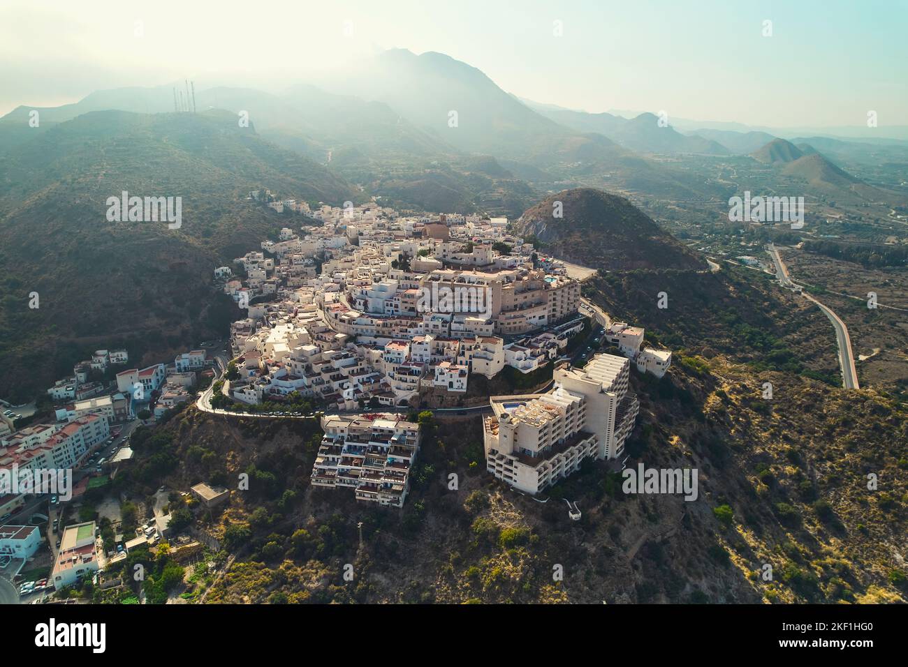 Aerial shot, drone point o view picturesque spanish hillside white ...