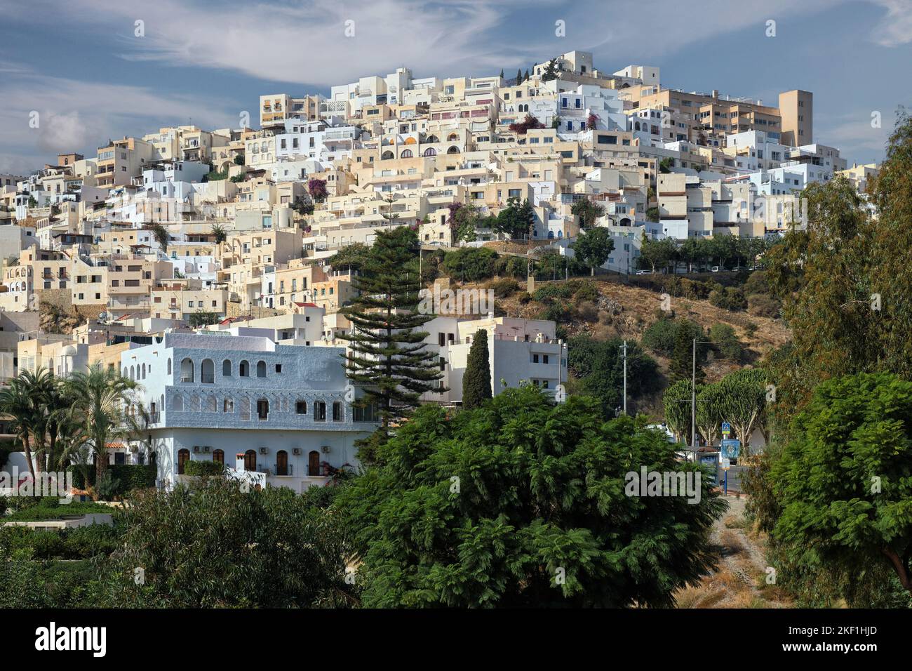 Picturesque spanish hillside white-washed village of Mojacar during ...