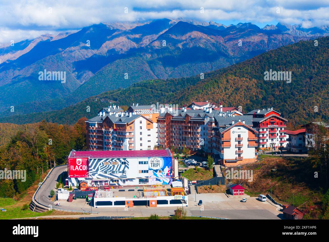 Rosa Khutor, Russia - October 06, 2020: Buildings in Rosa Plateau ...