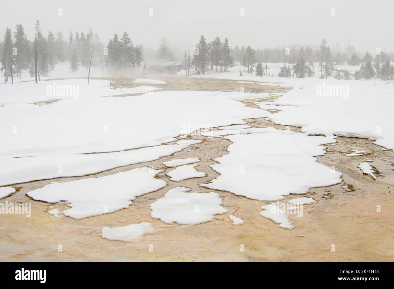Winter landscape with open water of a thermal watercourse, Yellowstone ...
