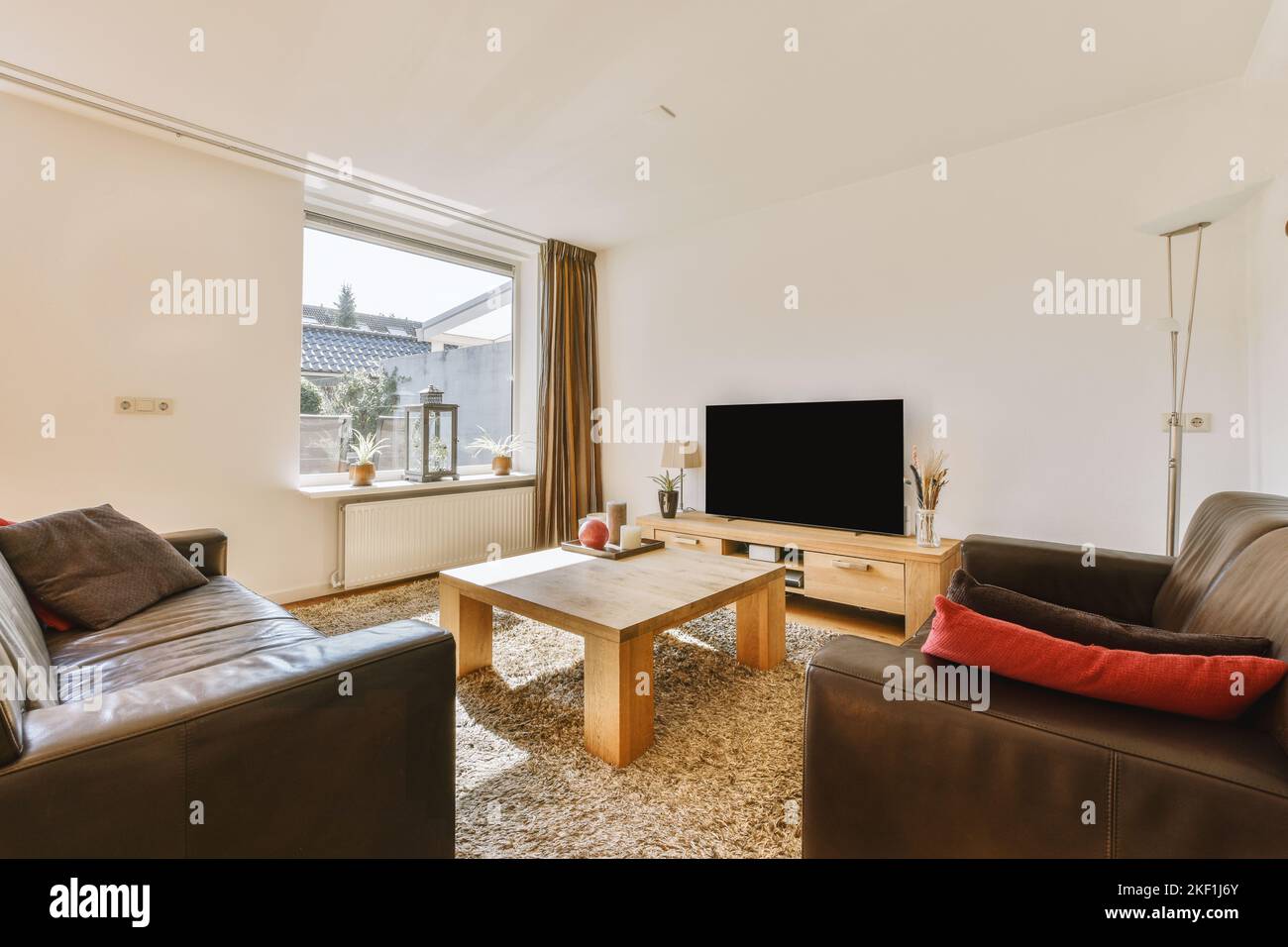 Comfortable sofa with cushions placed against light wall with TV and ...