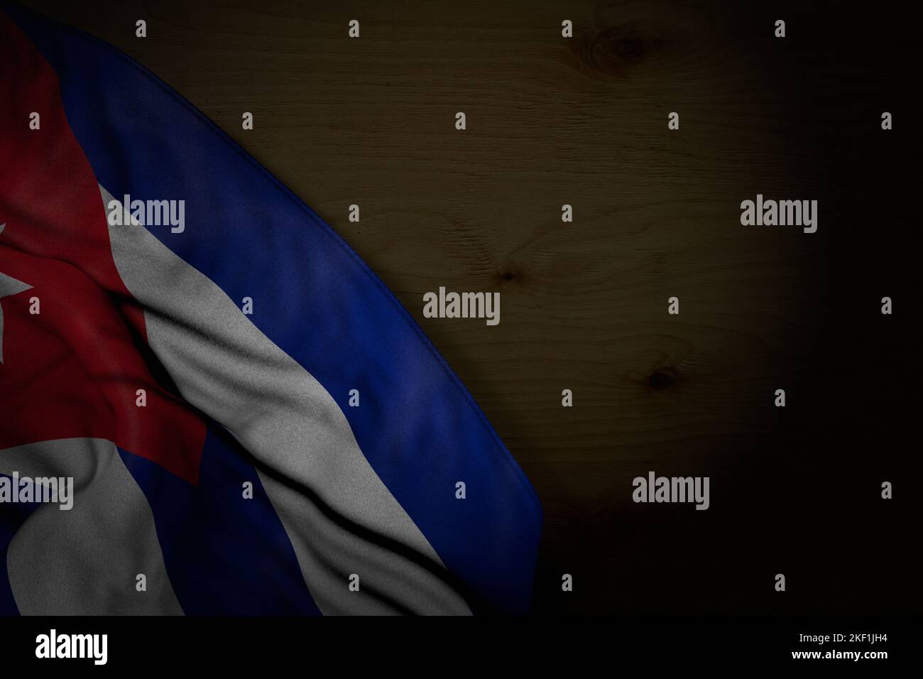 pretty dark illustration of Cuba flag with big folds on dark wood with ...