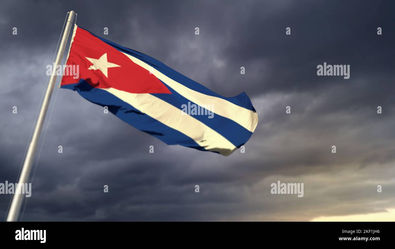 pretty Cuba flag on massive dark clouds bg - abstract 3D illustration ...