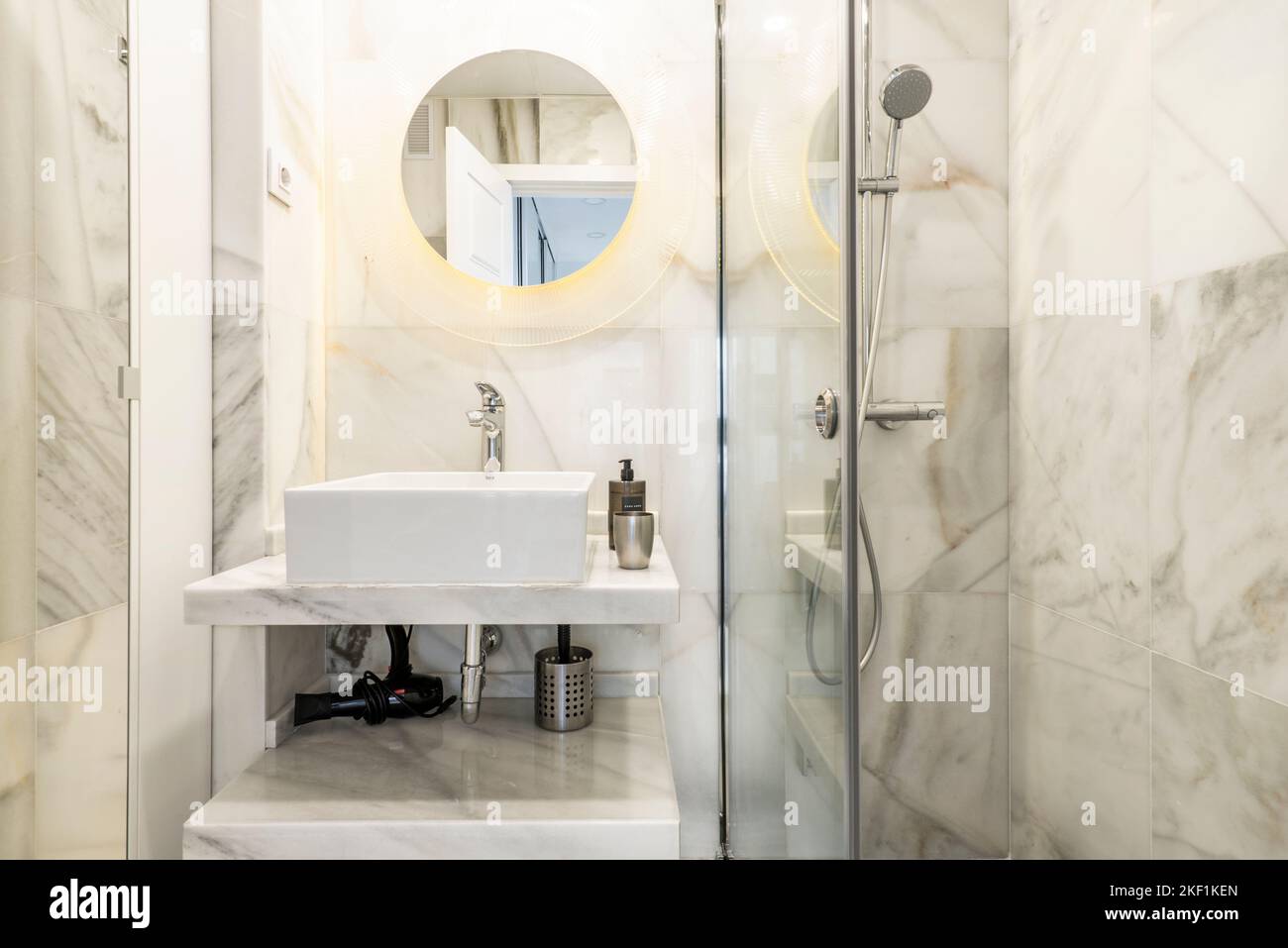 Elegant White Marble with Grey Veins Bathroom Design