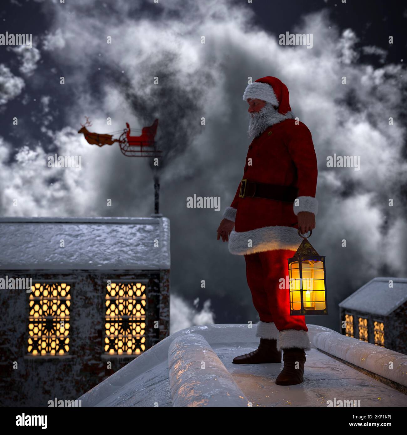 Santa Claus walking on the rooftop and chimneys on Christmas night with ...