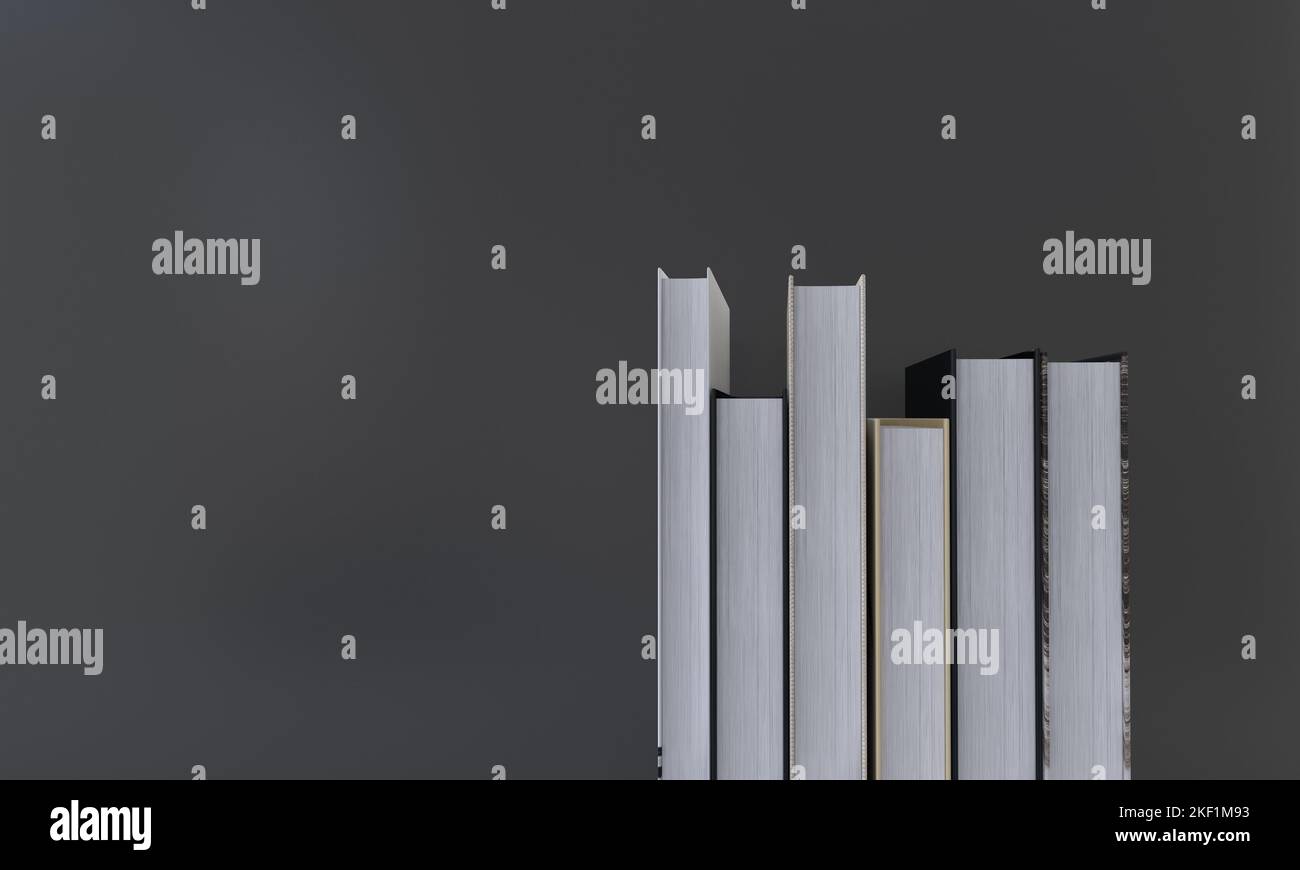An illustration of a 3D rendering of books arranged in a row on gray ...