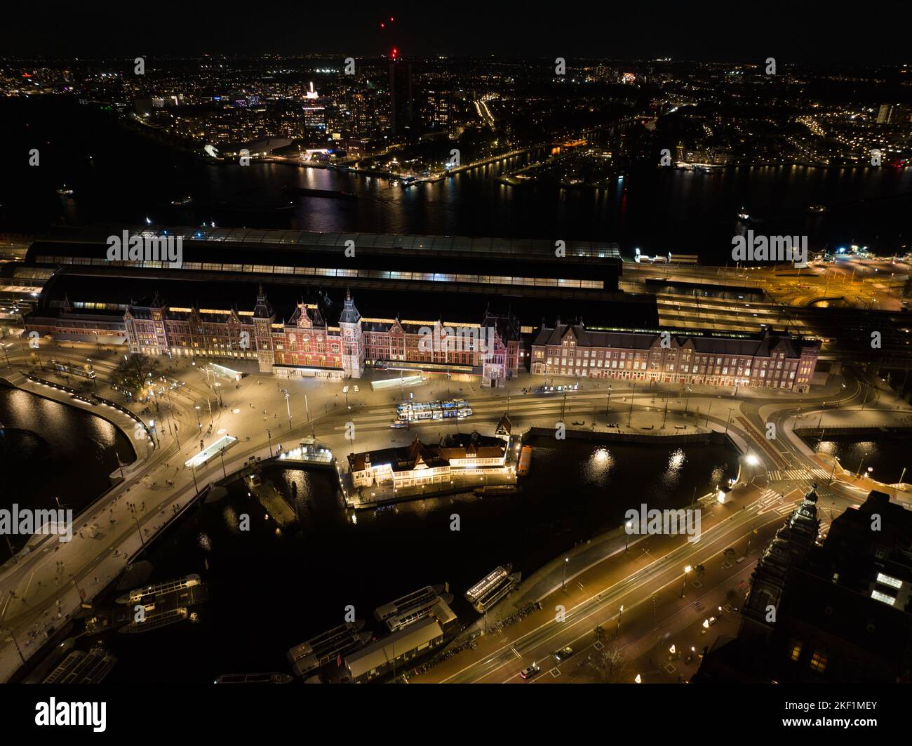 Amsterdam city center skyline by night aerial drone overhead view ...