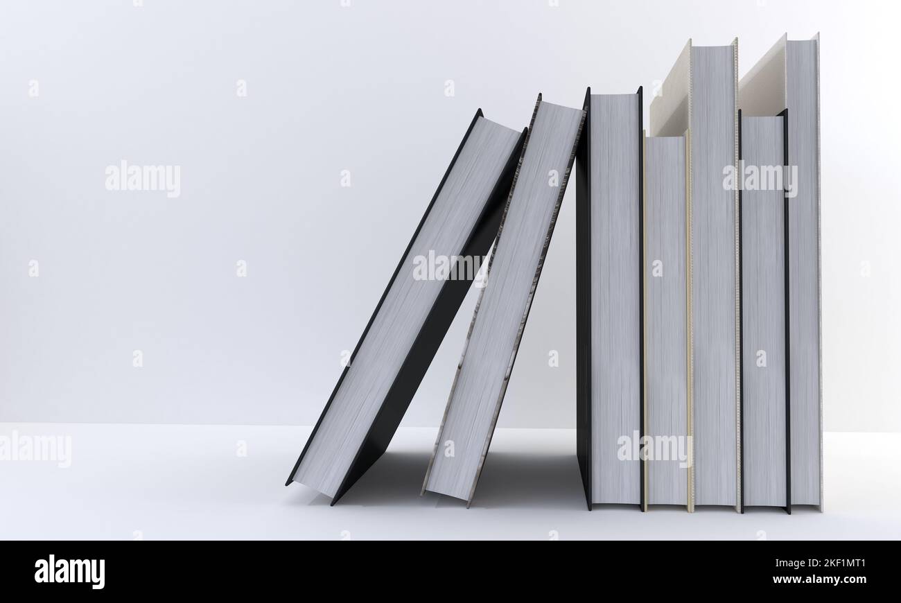 An illustration of a 3D rendering of books arranged in a row on white ...