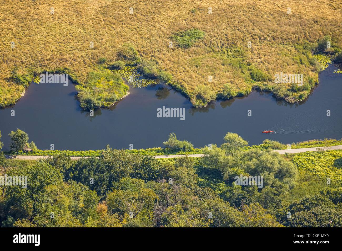 Aerial view, kayaker, river Ruhr, Ruhraue in Winz, Hattingen, Ruhr area ... Aerial view, kayaker, river Ruhr, Ruhraue in Winz, Hattingen, Ruhr area ...