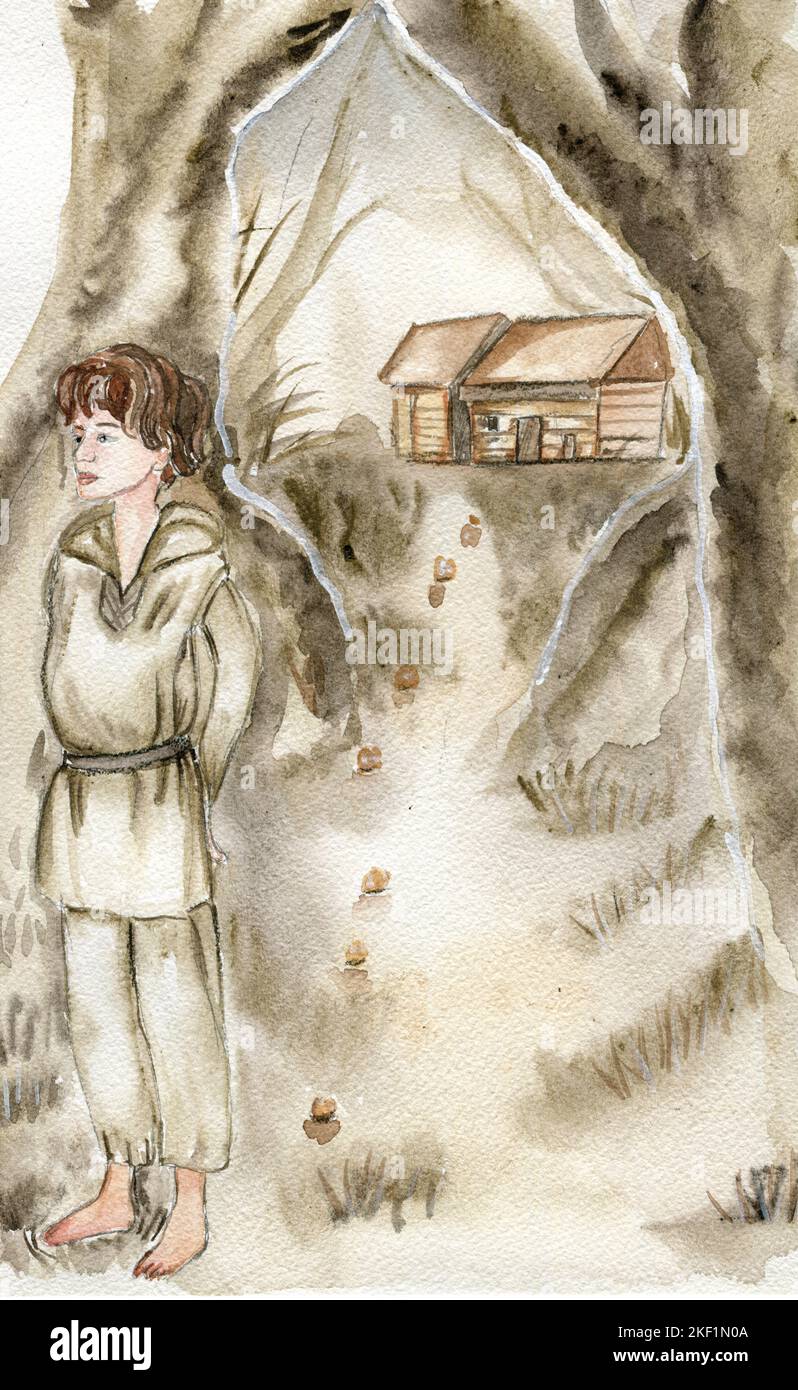 Hansel and Gretel watercolor fantasy illustration. Hand drawn book ...