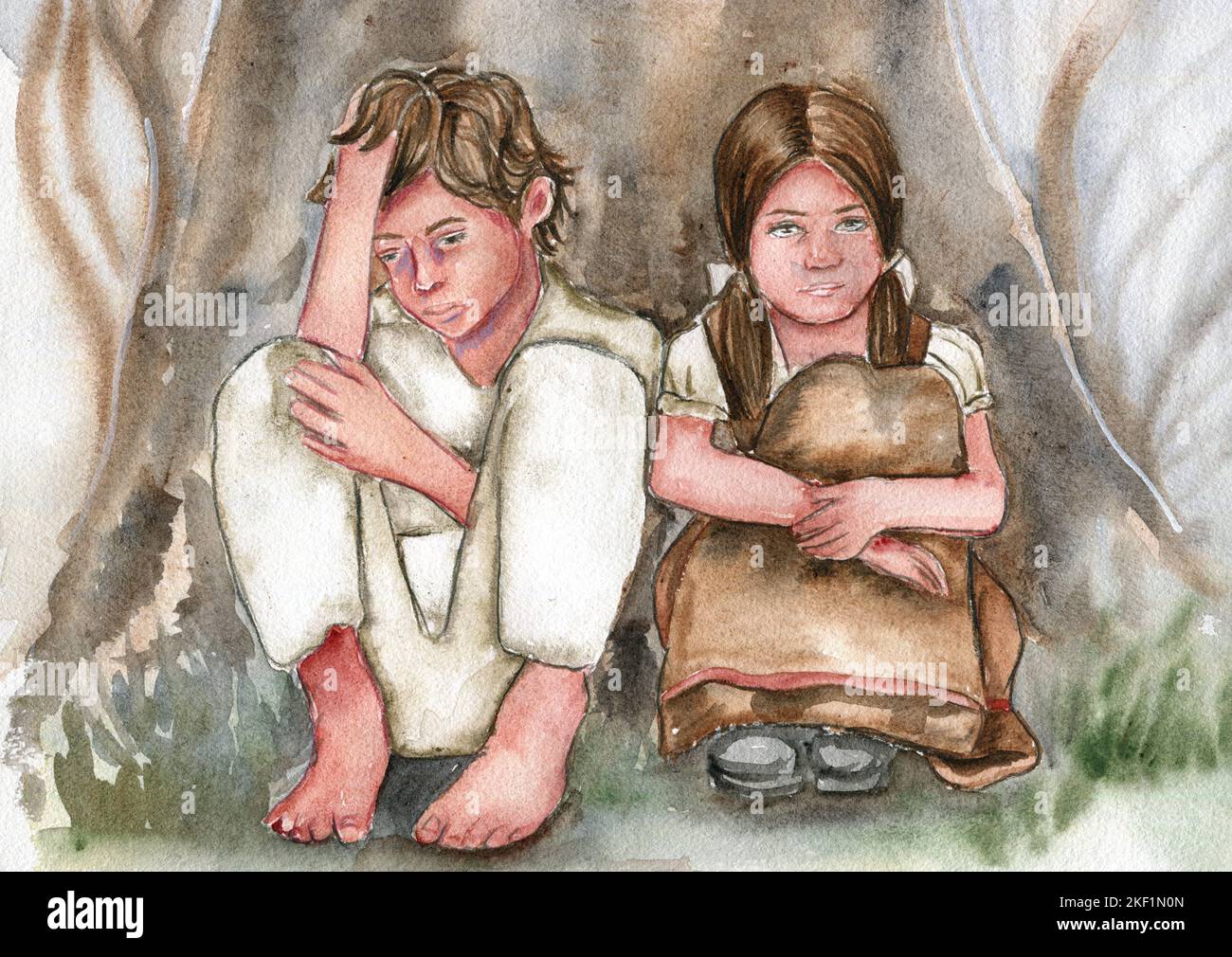 Hansel and Gretel watercolor fantasy illustration. Hand drawn book ...