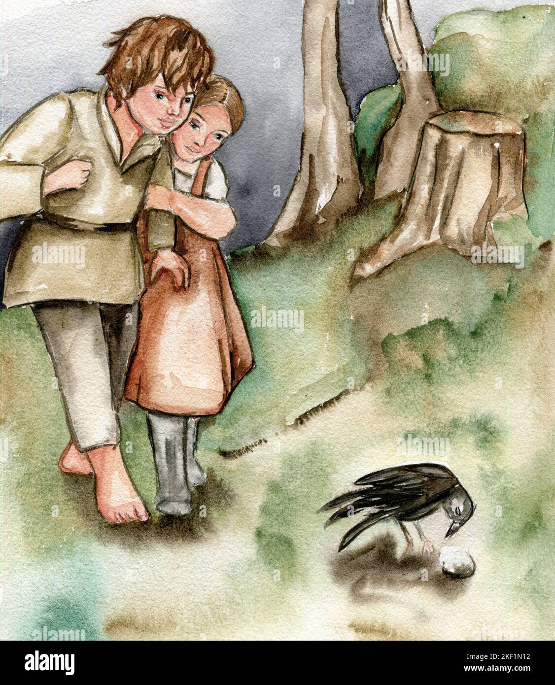 Hansel and Gretel watercolor fantasy illustration. Hand drawn book ...