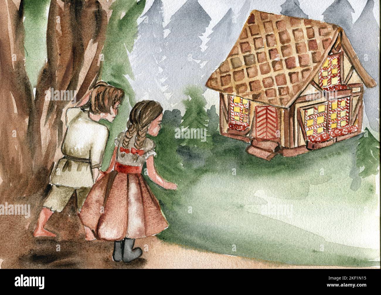 Hansel and Gretel watercolor fantasy illustration. Hand drawn book ...