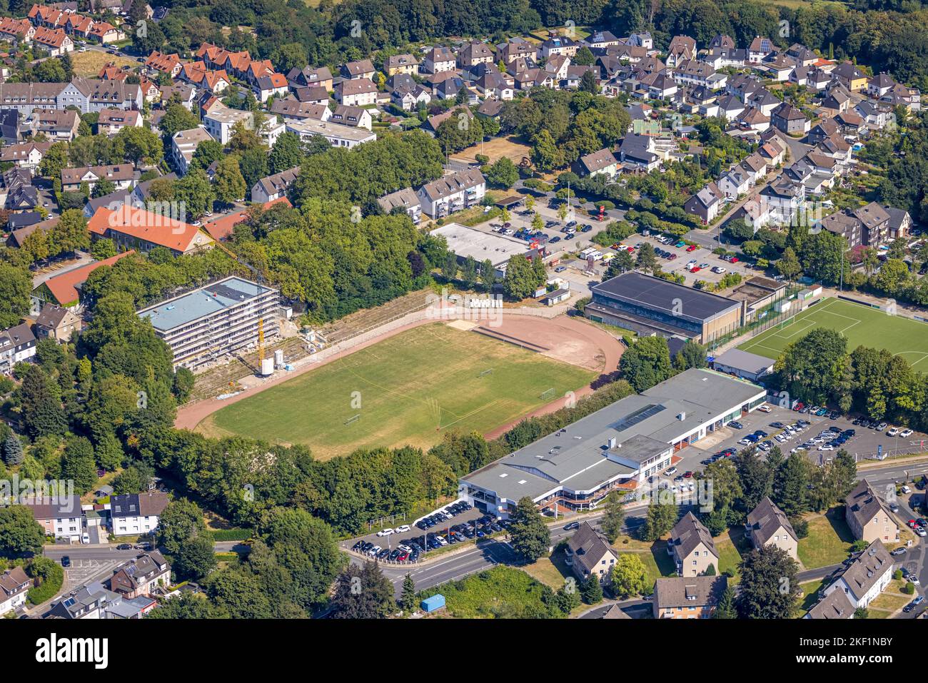 Aerial view, construction site and new building at Althoff Stadium of ...