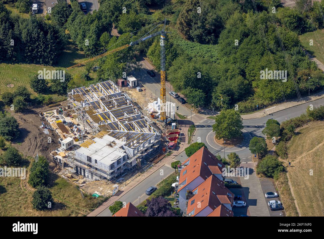 Aerial view, construction site with new building at Halweg corner Lindstockstraße, Holthausen ...