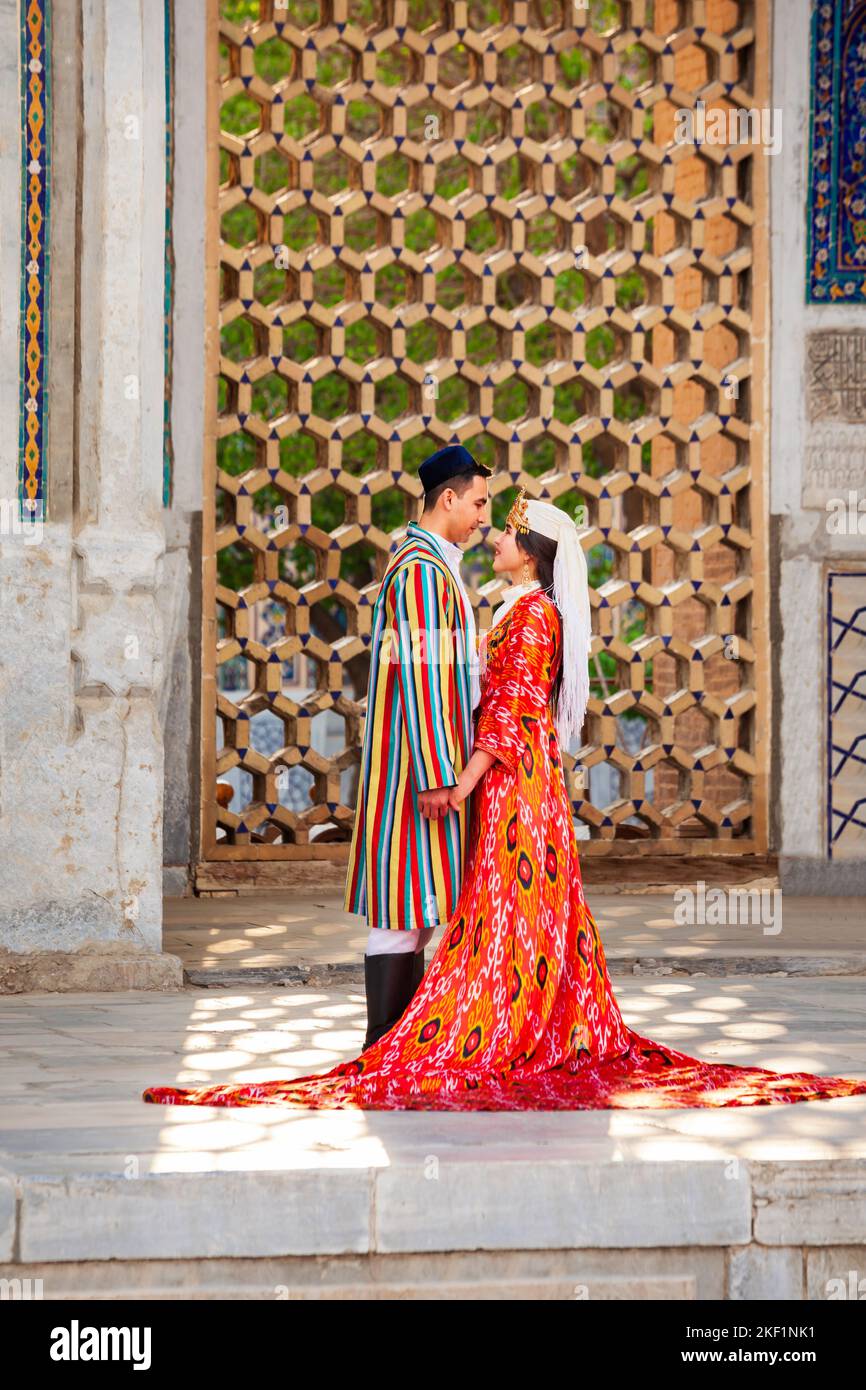 Samarkand, Uzbekistan - April 18, 2021: Bride and groom in traditional ...