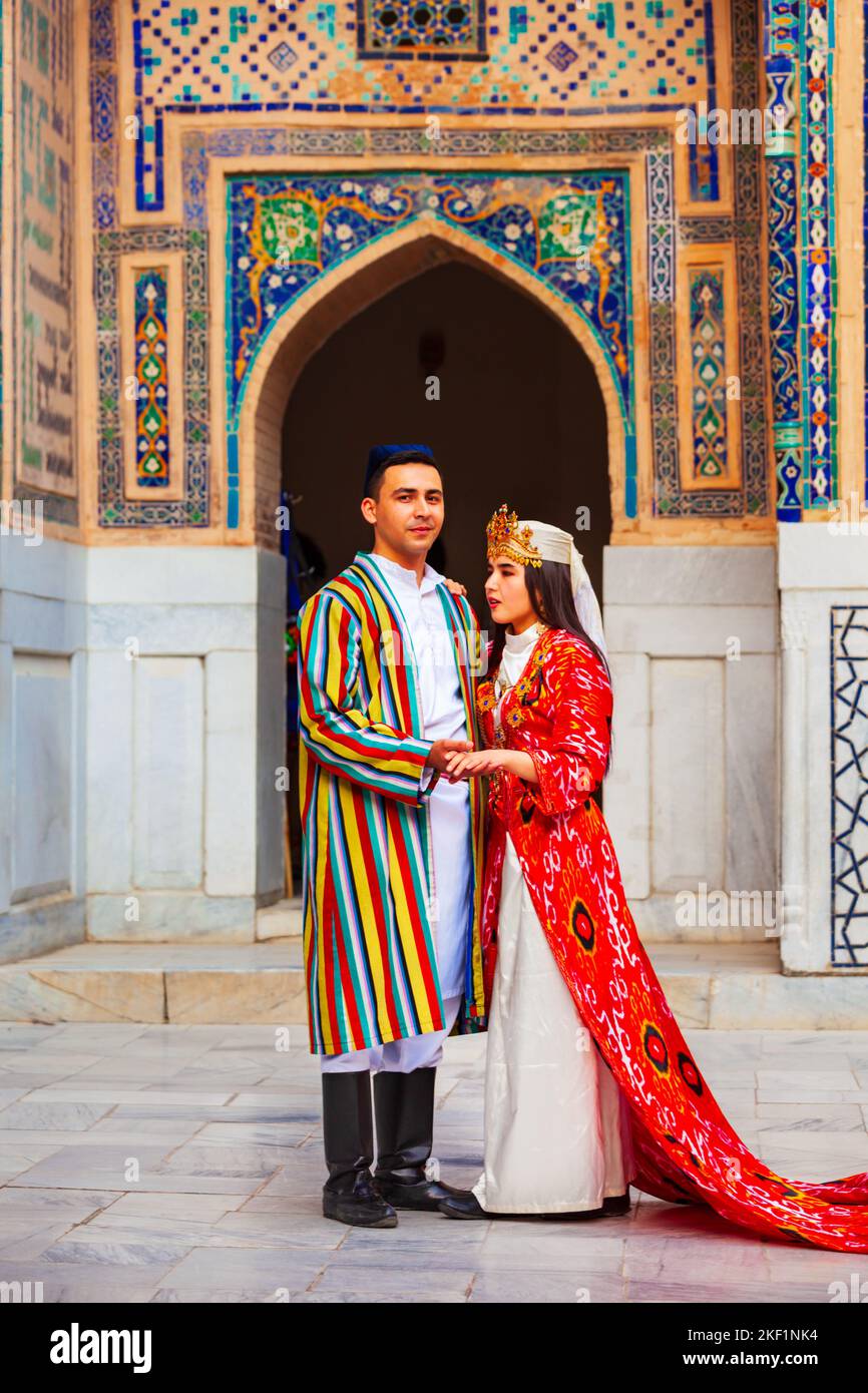 Samarkand, Uzbekistan - April 18, 2021: Bride and groom in traditional ...