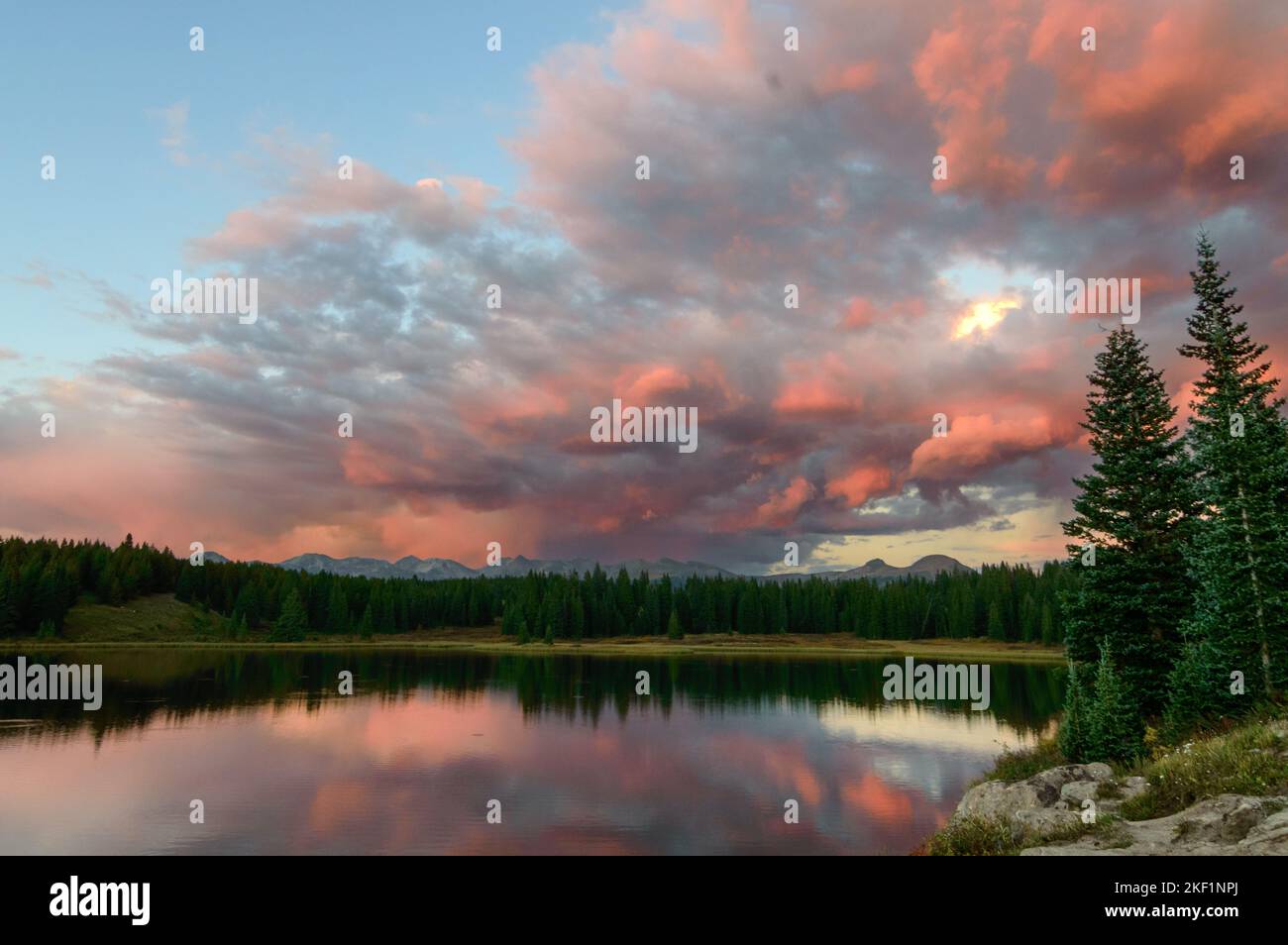 The beautiful landscape of Jackson Reservoir in Colorado with pine ...