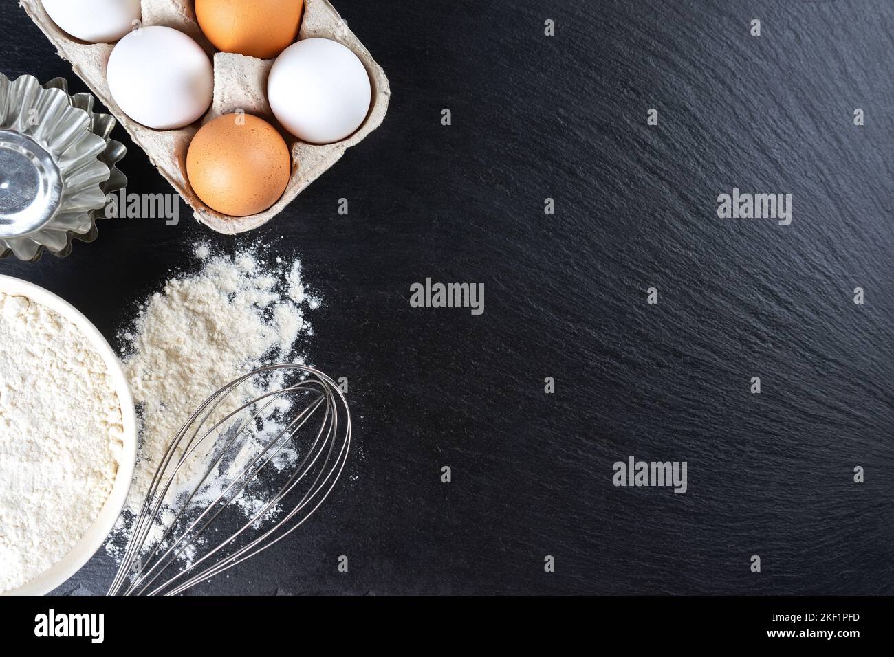 Baking cooking Ingredients background with copy space. Flour, eggs ...