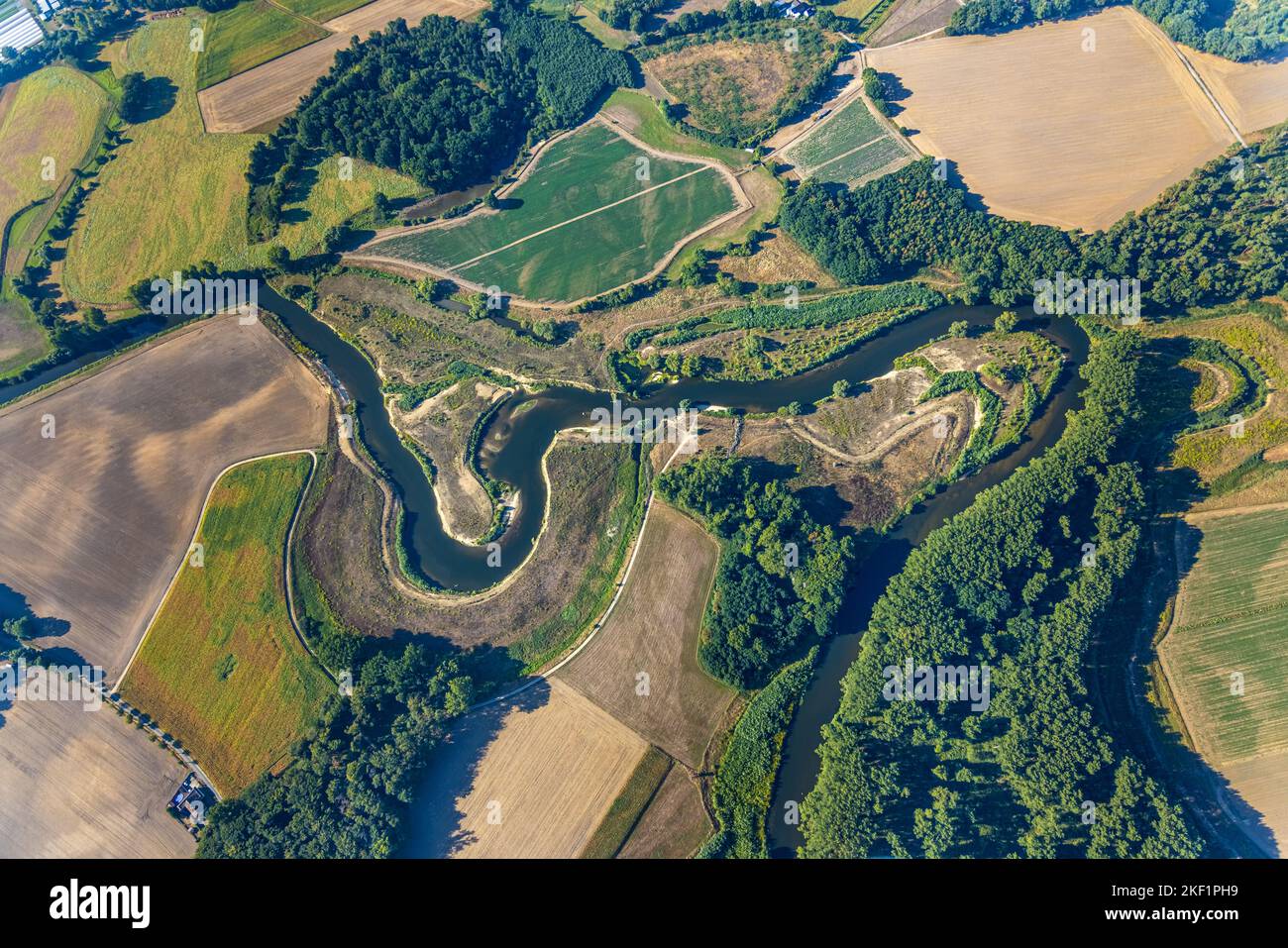 Aerial view, river Lippe meander, Lippe loop, river and floodplain ...