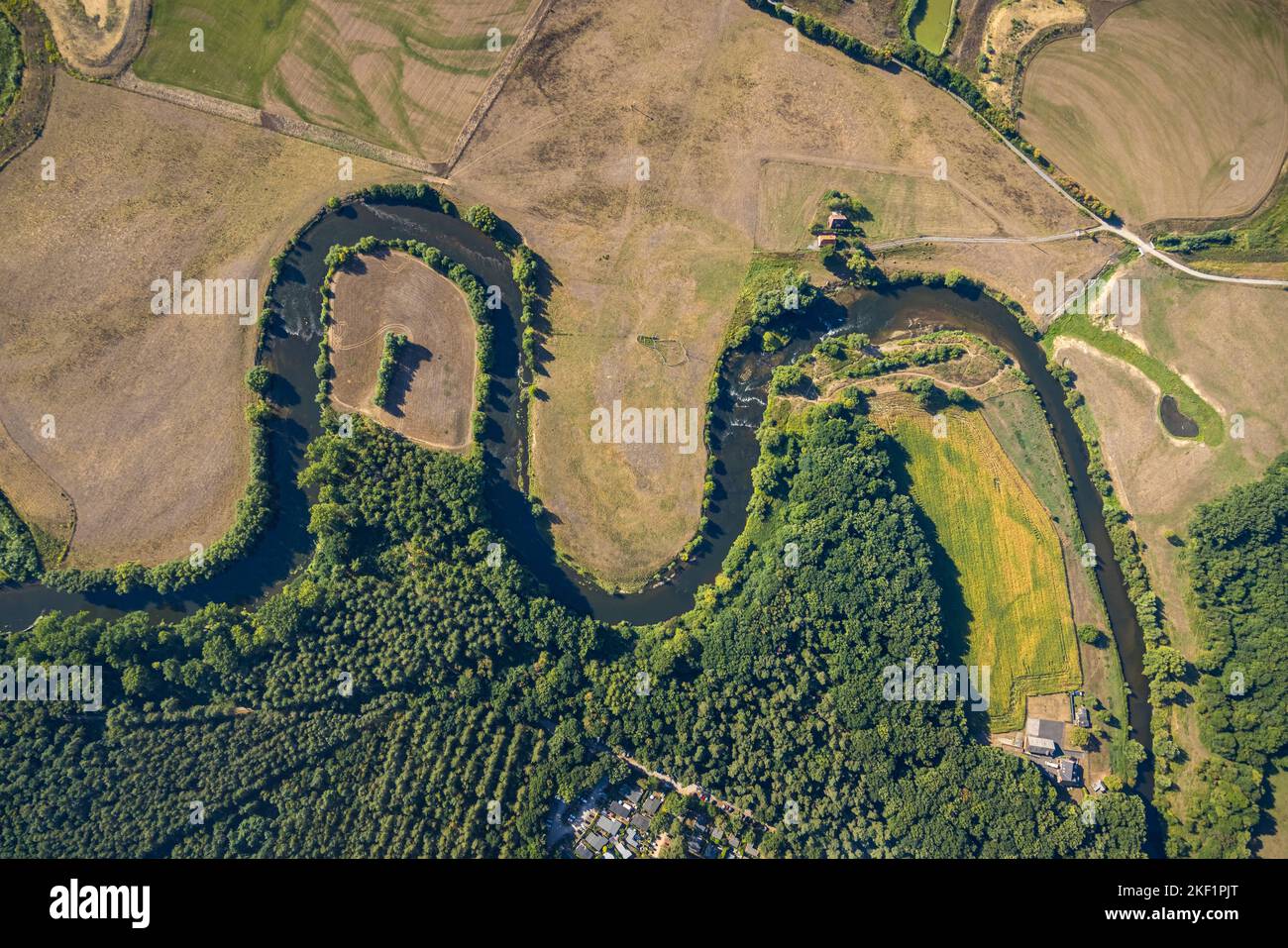 Aerial view, river Lippe meander, Lippe loop, river and floodplain ...