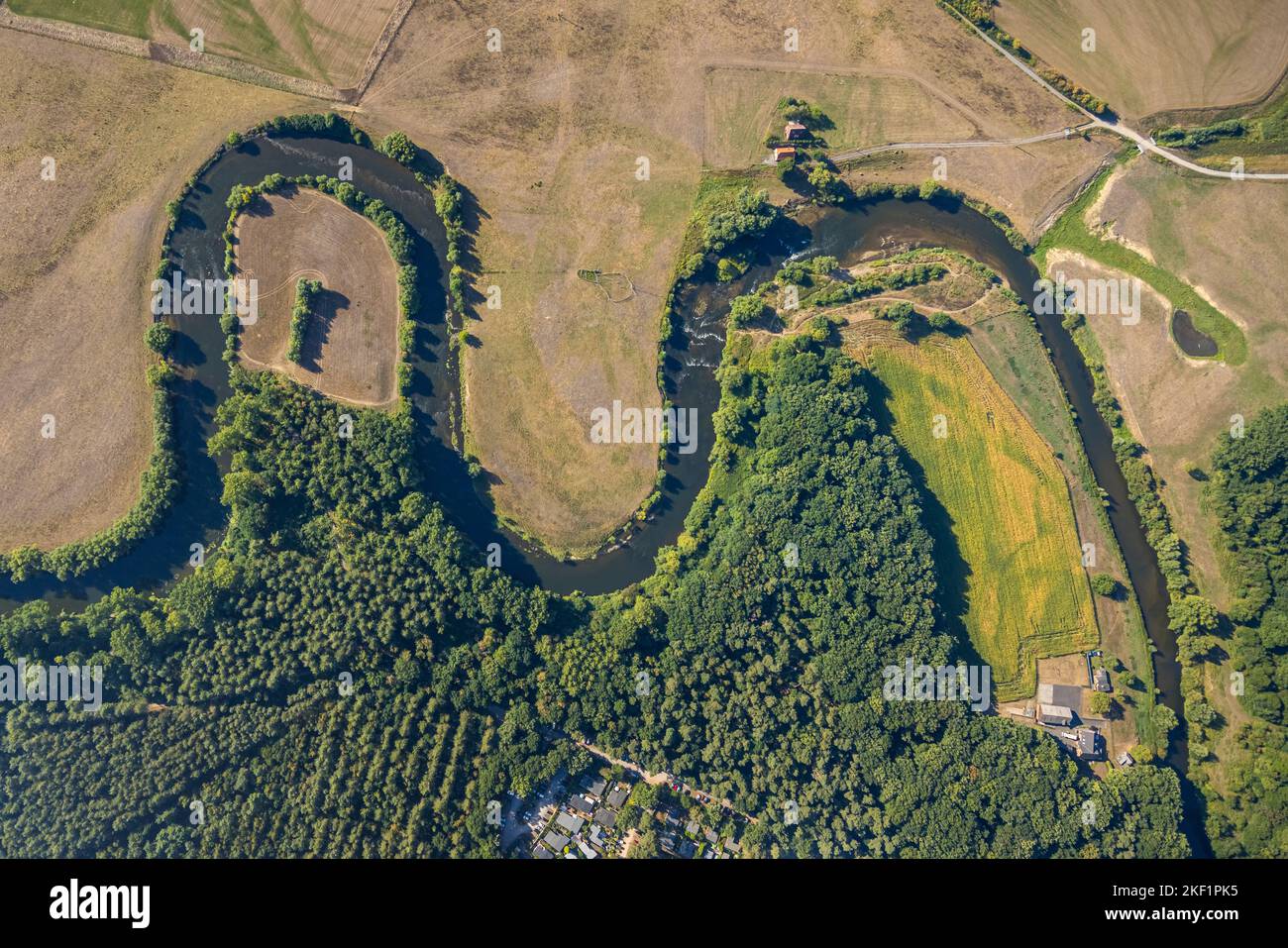 Aerial view, river Lippe meander, Lippe loop, river and floodplain ...