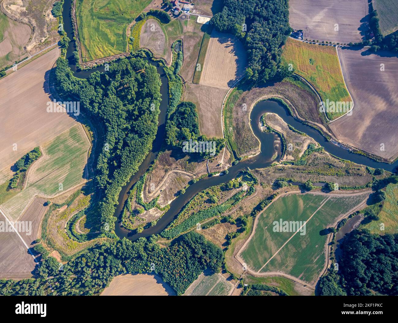 Aerial view, river Lippe meander, Lippe loop, river and floodplain ...