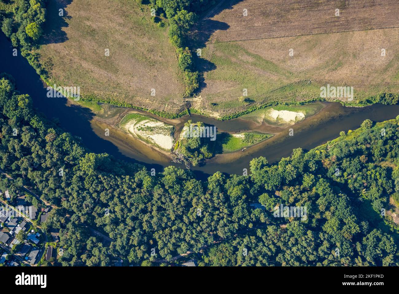 Aerial view, river Lippe, sandbank, NSG Lippeaue, river and floodplain ...